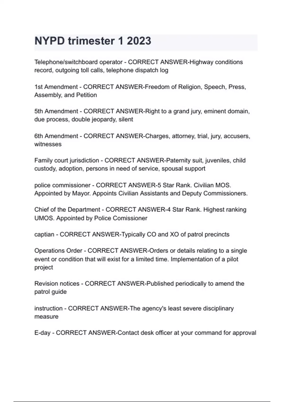 NYPD trimester 1 2023 QUESTIONS & ANSWERS - NYPD trimester 1 2023 - Stuvia US