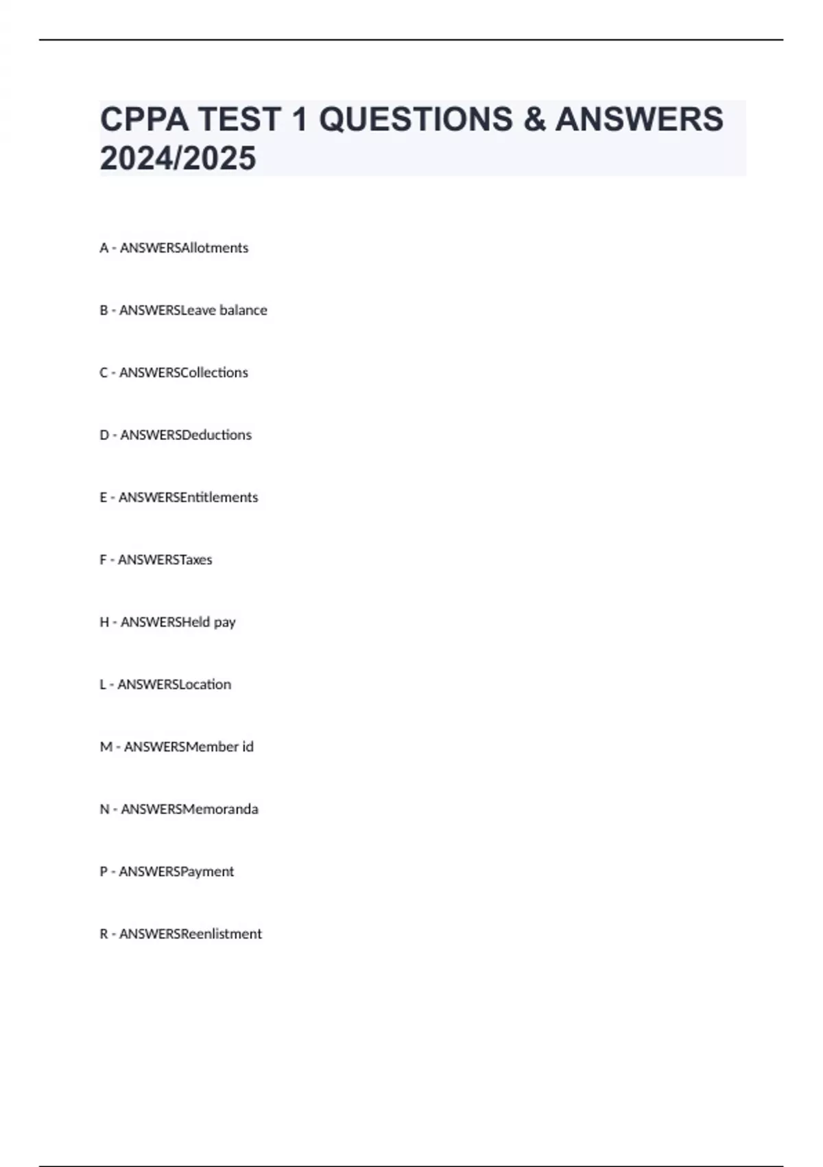 CPPA TEST 1 QUESTIONS & ANSWERS 2024/2025 - CPPA - Stuvia US