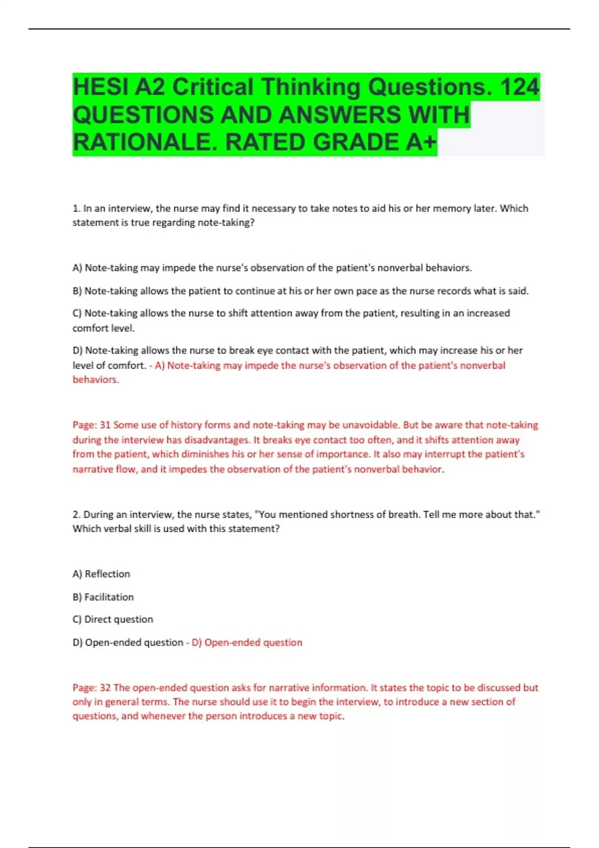 HESI A2 Critical Thinking Questions. 124 QUESTIONS AND ANSWERS WITH RATIONALE. RATED GRADE A+ ...