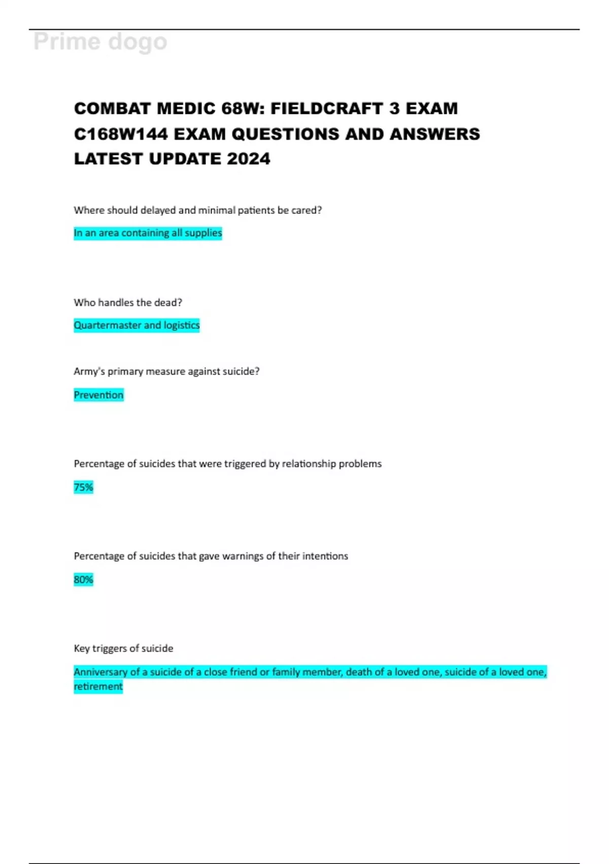 Combat Medic 68W 3: Fieldcraft 3 Exam C168W144 (QUESTIONS WITH 100% ...