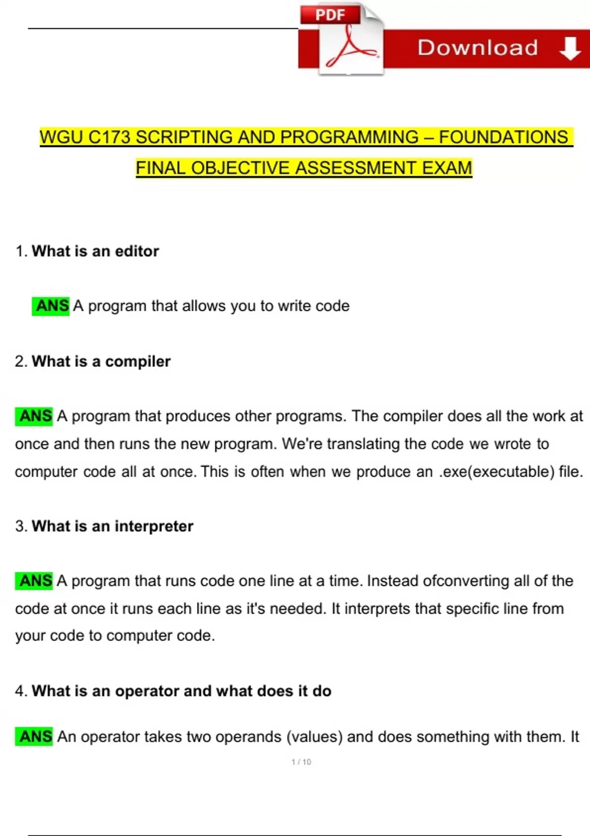 WGU C173 SCRIPTING AND PROGRAMMING ACTUAL FINAL EXAM PREP QUESTIONS AND ANSWERS 2024 / 2025 ...