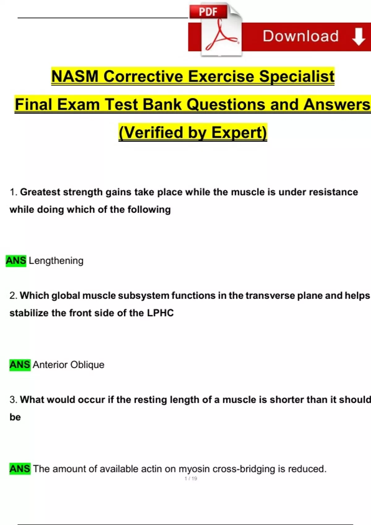 NASM CES Final Exam Test Bank, 300 Questions and Answers (2024 / 2025 ...