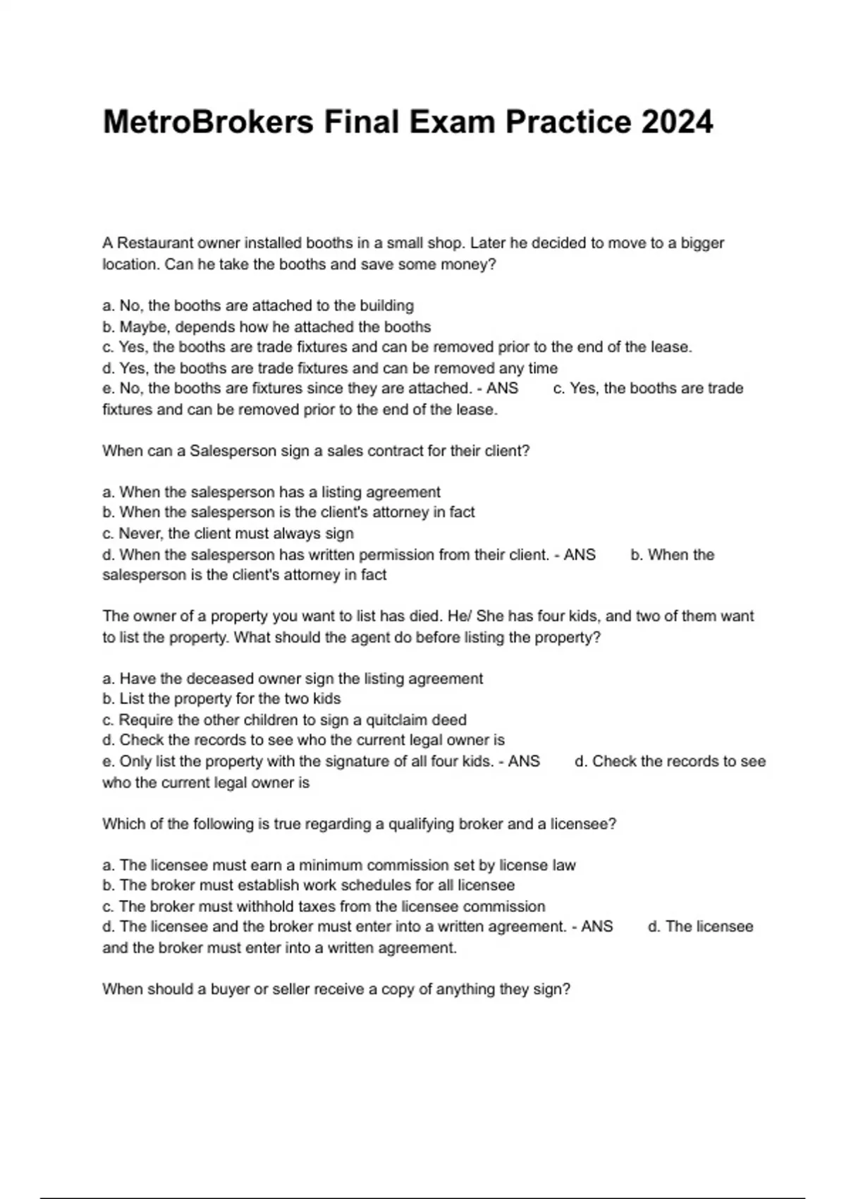 MetroBrokers Final Exam Practice 2024 Questions Rated 100% With Correct ...