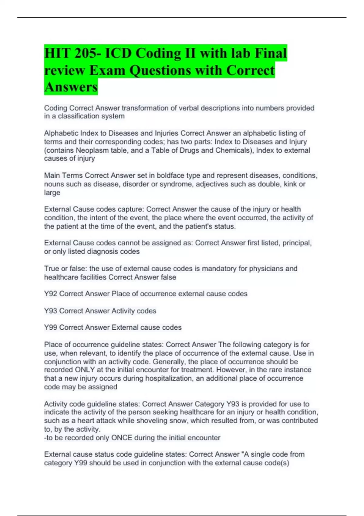 HIT 205- ICD Coding II with lab Final review Exam Questions with Correct Answers - HIT 205 ...