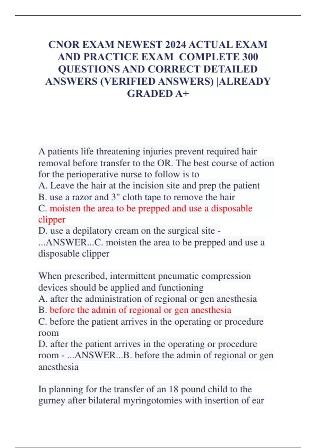 CNOR EXAM NEWEST 2024 ACTUAL EXAM AND PRACTICE EXAM COMPLETE 300 ...