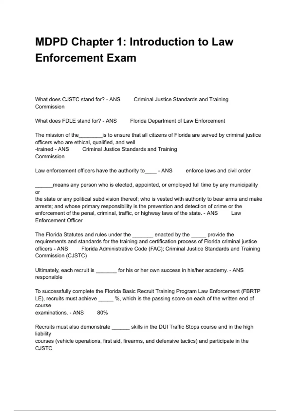 MDPD Chapter 1: Introduction to Law Enforcement Exam Questions Graded ...