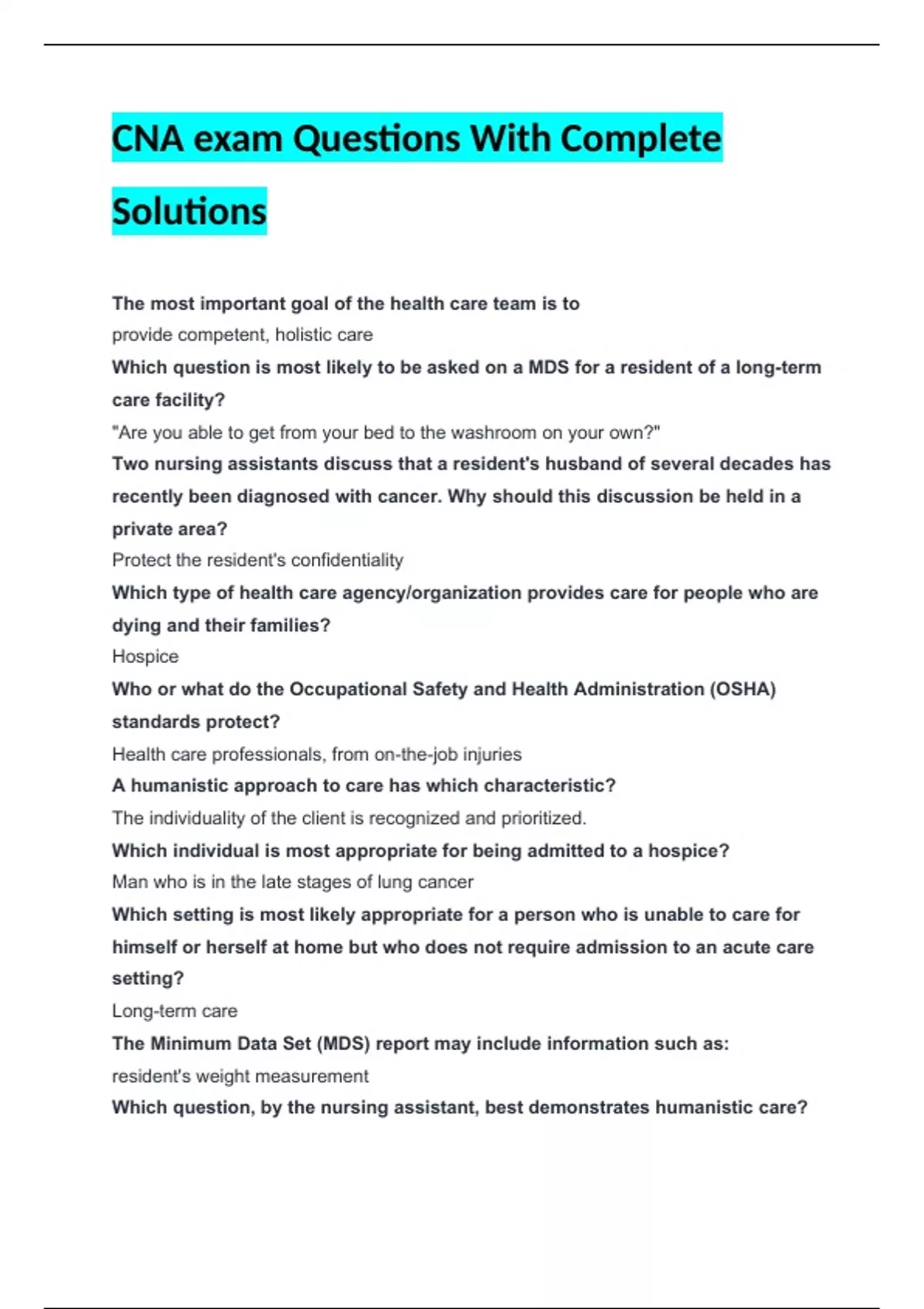 CNA exam Questions With Complete Solutions - CNA - Stuvia US