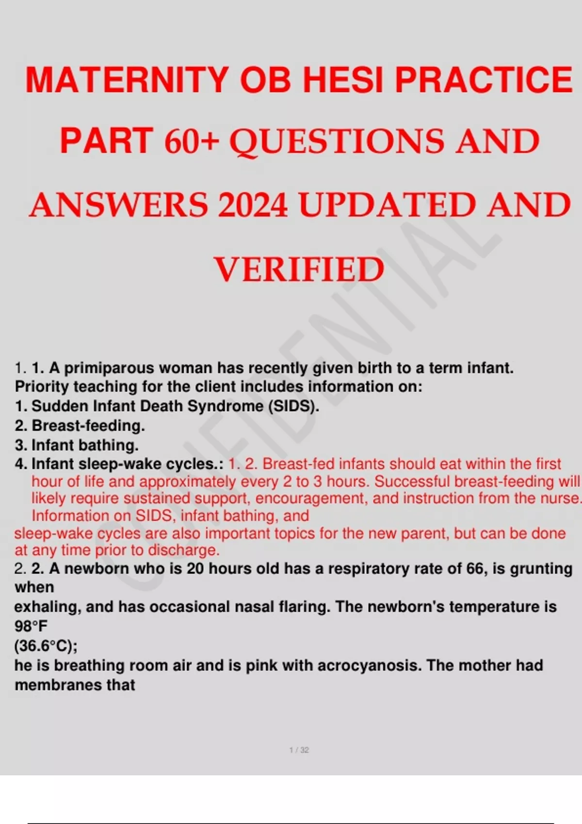 MATERNITY OB HESI PRACTICE PART 60+ QUESTIONS AND ANSWERS 2024 UPDATED ...