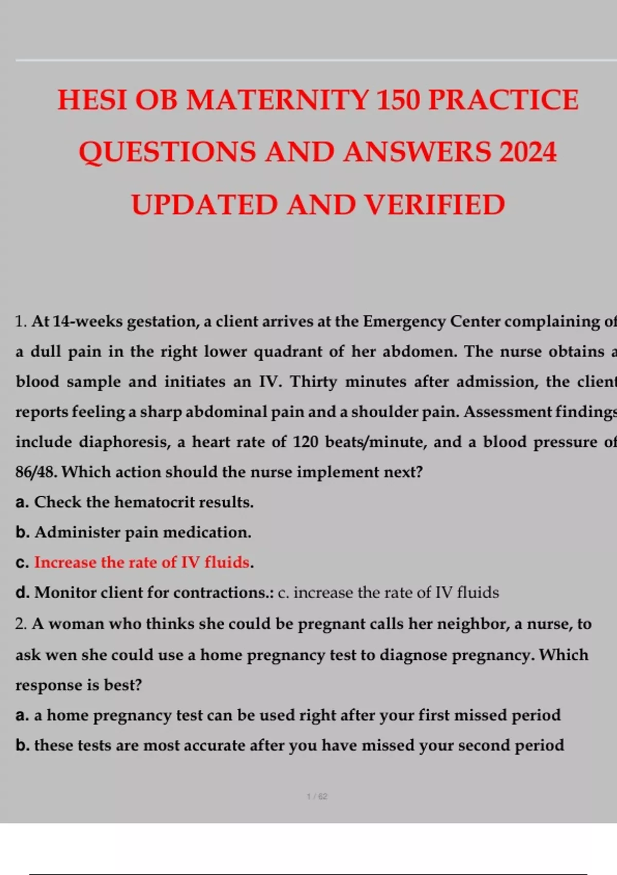 HESI OB MATERNITY 150 PRACTICE QUESTIONS AND ANSWERS 2024 UPDATED AND ...