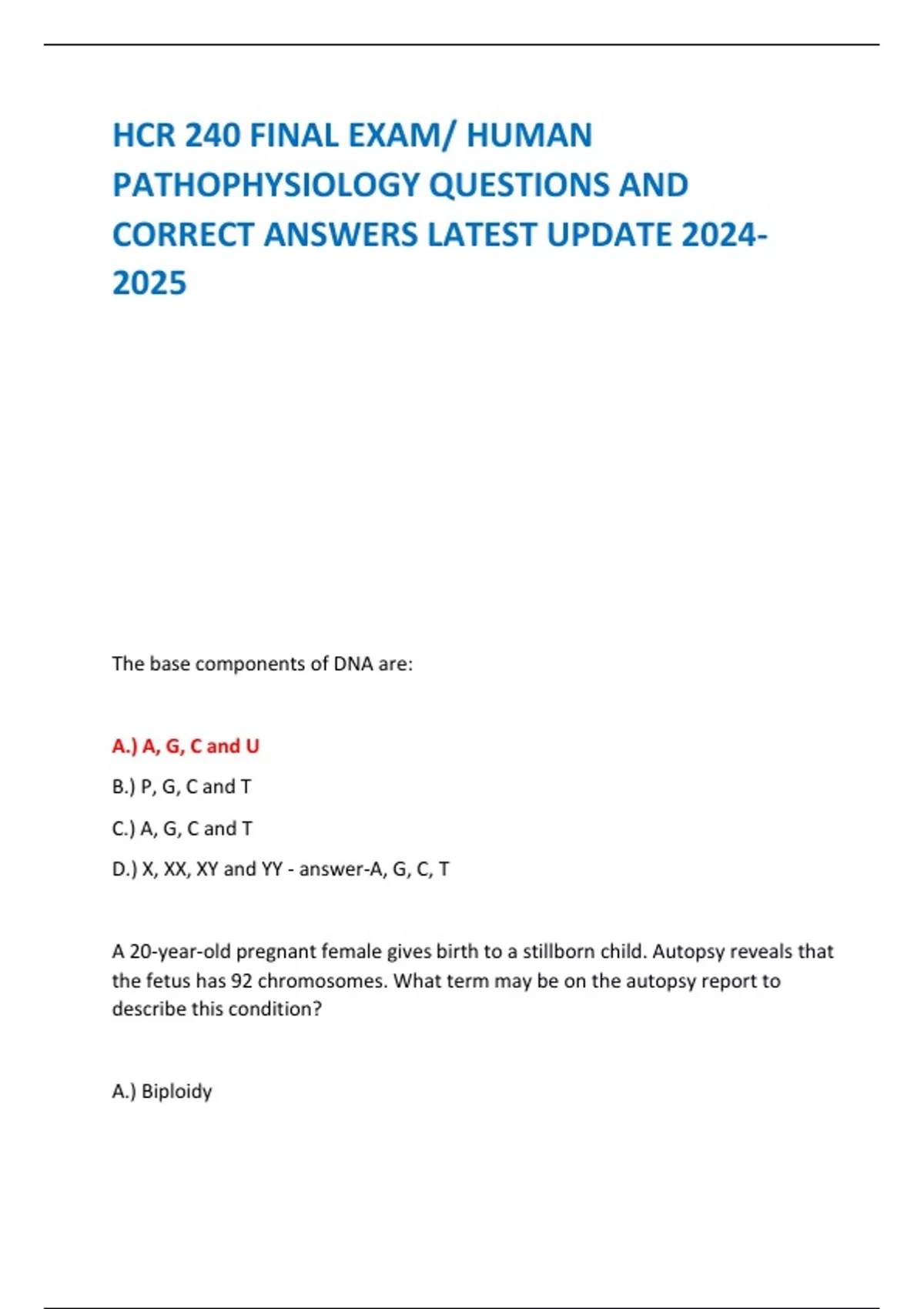HCR 240 FINAL EXAM/ HUMAN PATHOPHYSIOLOGY QUESTIONS AND CORRECT ANSWERS ...