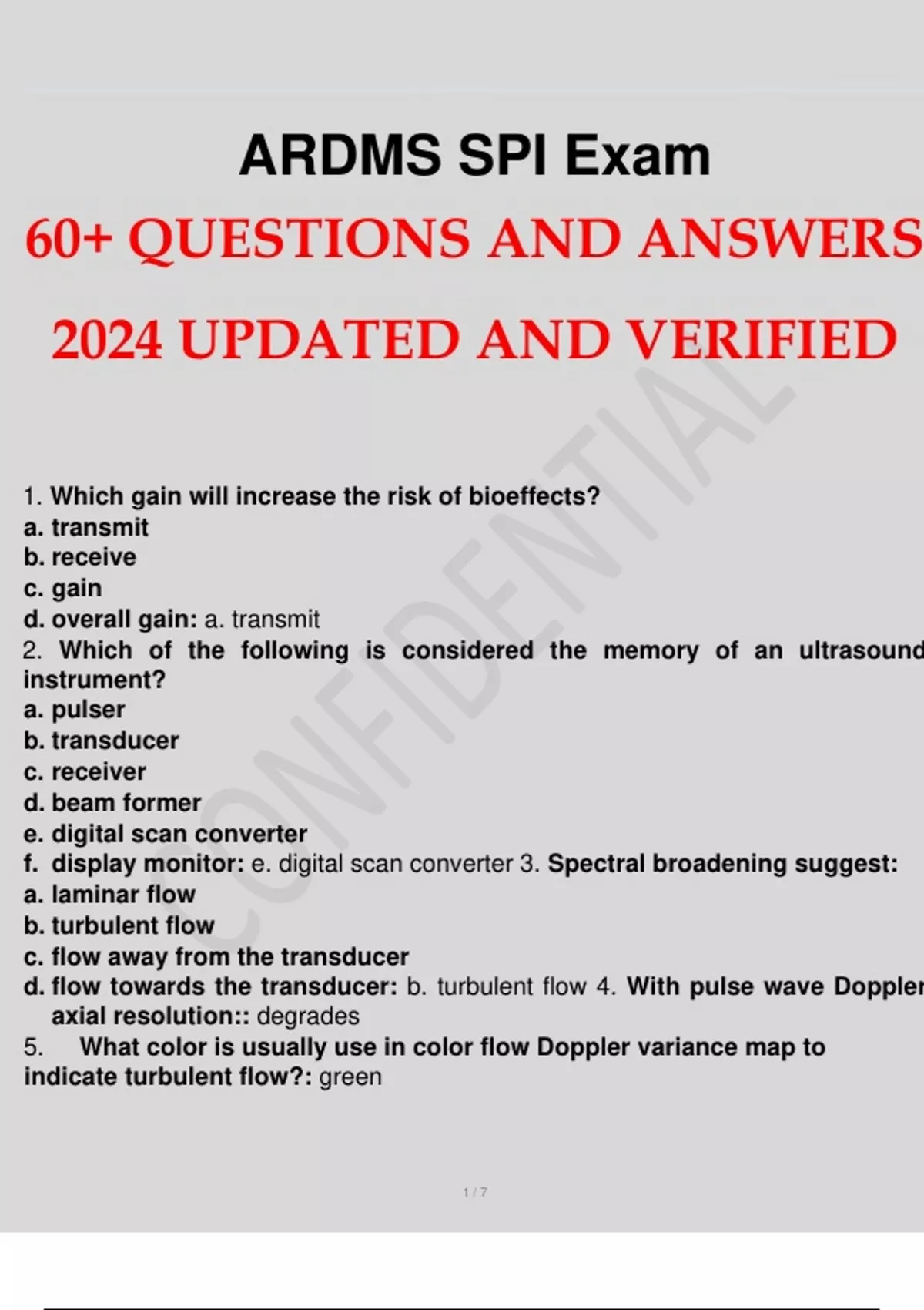 ARDMS SPI Exam 60 QUESTIONS AND ANSWERS 2024 UPDATED AND VERIFIED. - ARDMS - SPI Exam 100 ...