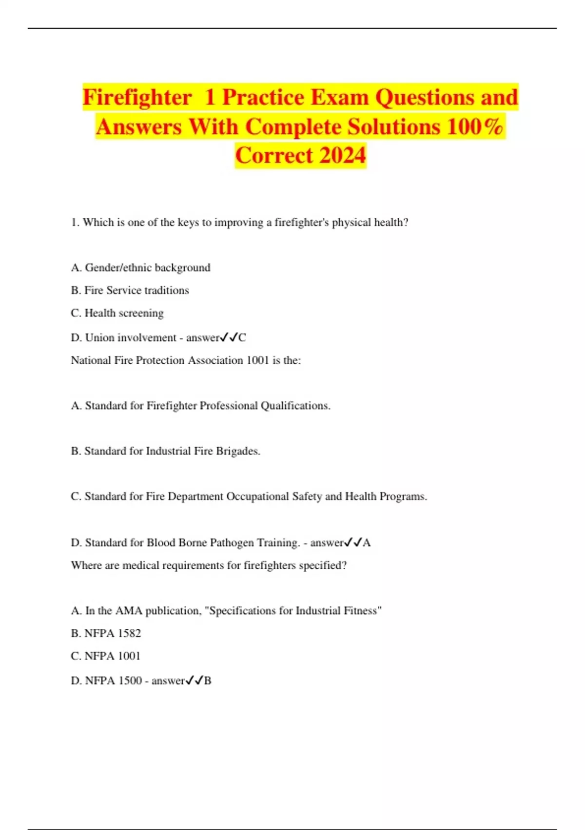 Firefighter 1 Practice Exam Questions and Answers With Complete ...