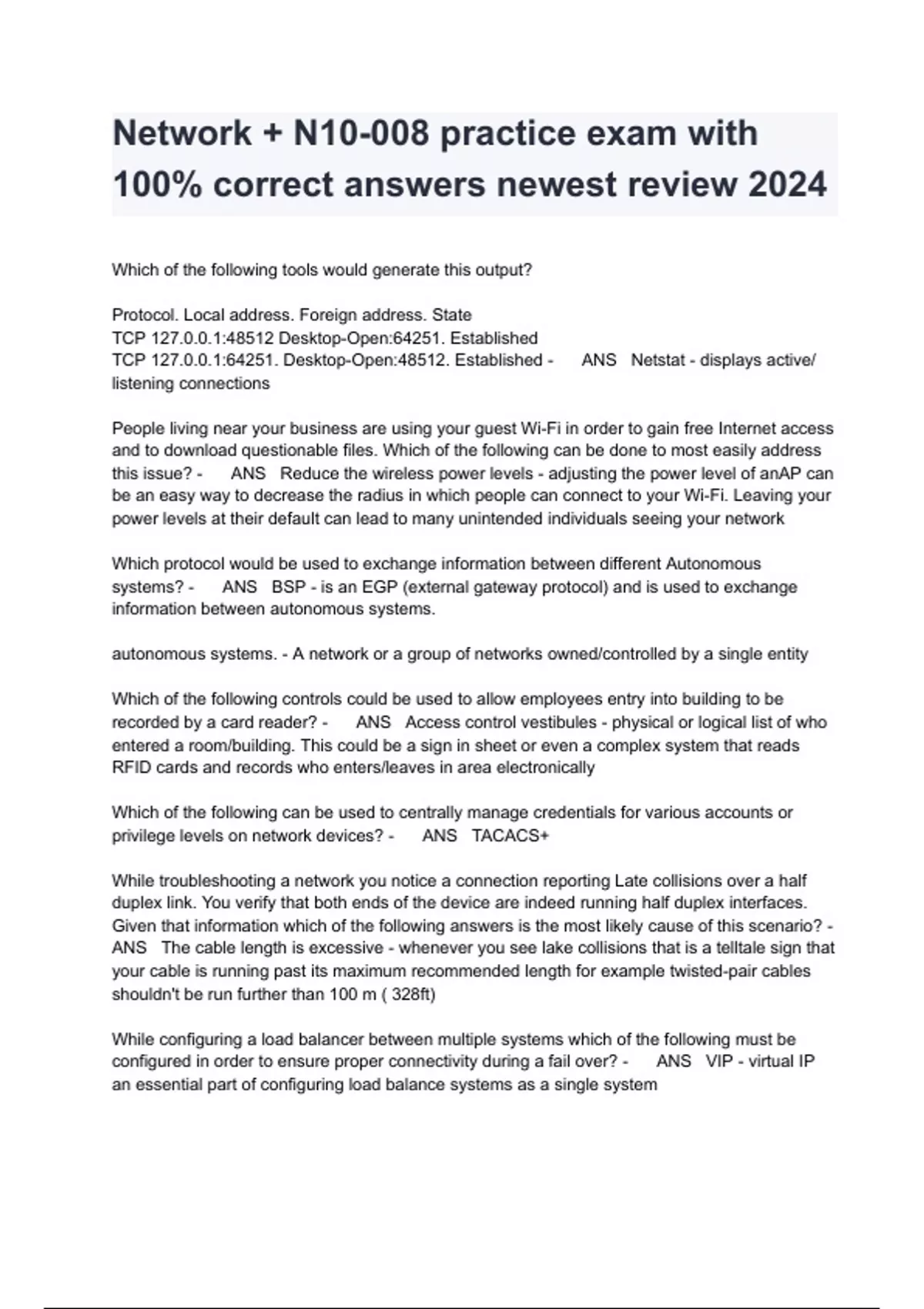 Network + N10-008 practice exam with 100% correct answers newest review ...