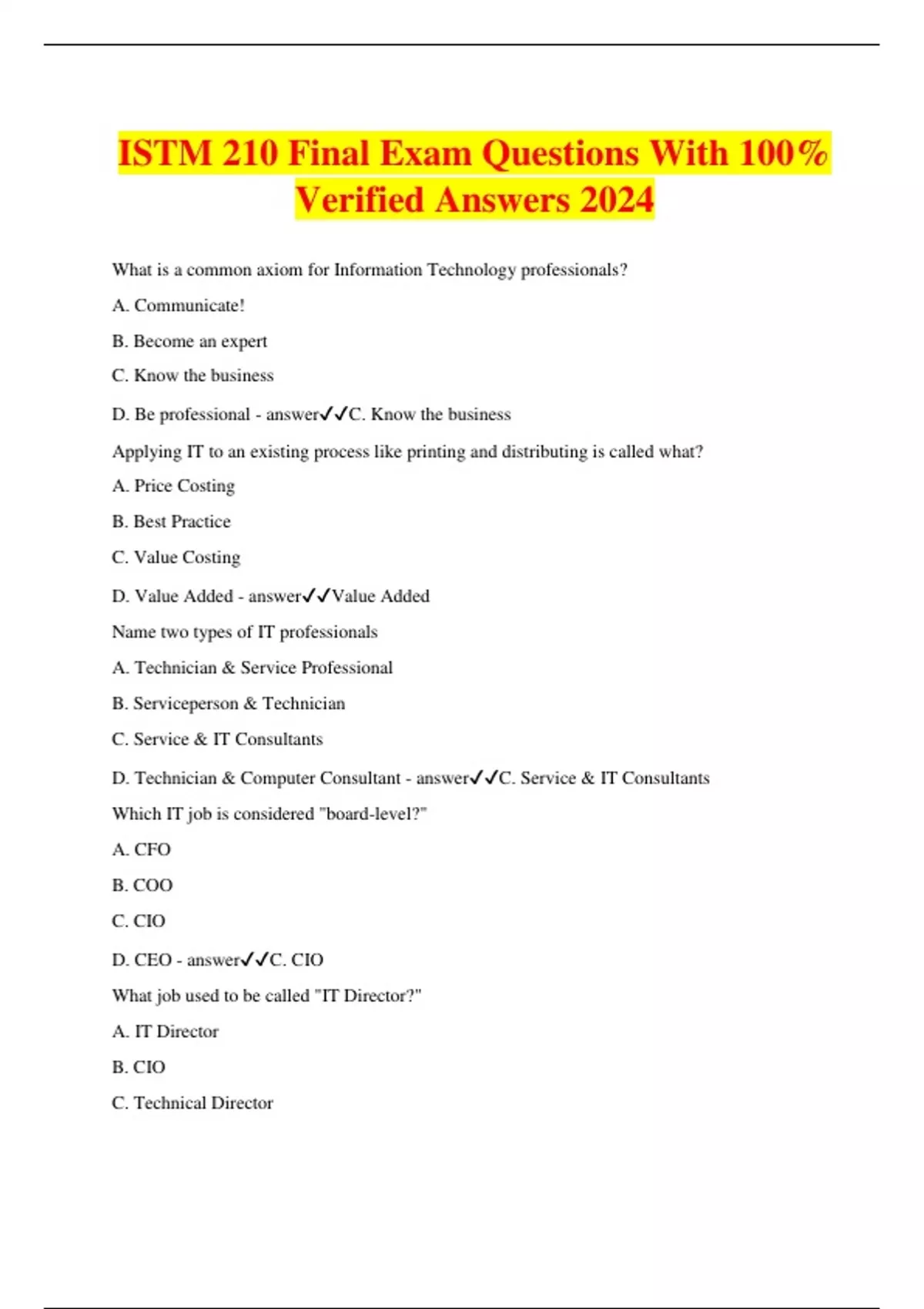 ISTM 210 Final Exam Questions With 100% Verified Answers 2024 - ISTM ...