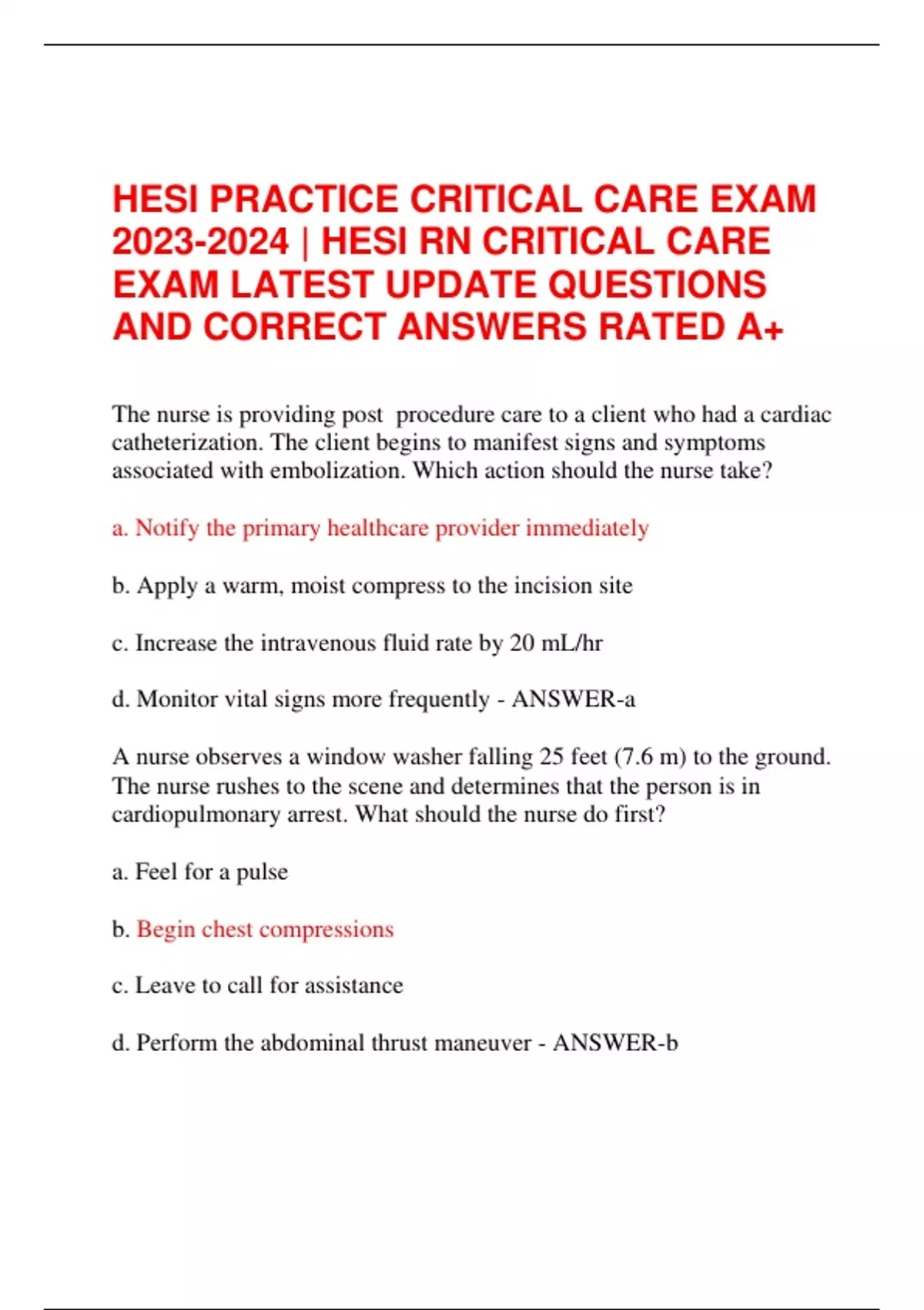 HESI PRACTICE CRITICAL CARE EXAM | HESI RN CRITICAL CARE EXAM LATEST ...