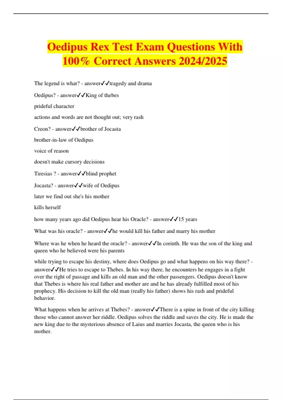 Oedipus Rex Test Exam Questions With 100% Correct Answers 2024/2025 ...