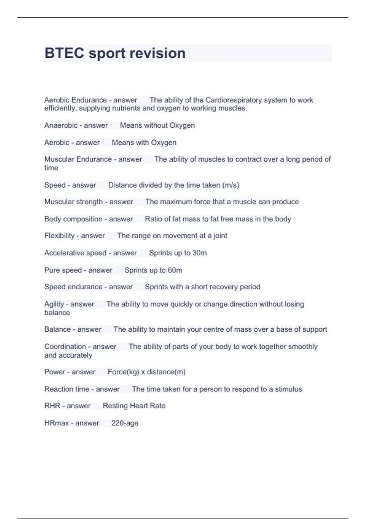 BTEC sport revision Questions with solutions 2024 - BTEC - Stuvia UK