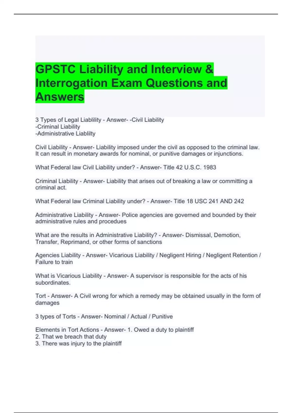 GPSTC Liability and Interview & Interrogation Exam Questions and ...