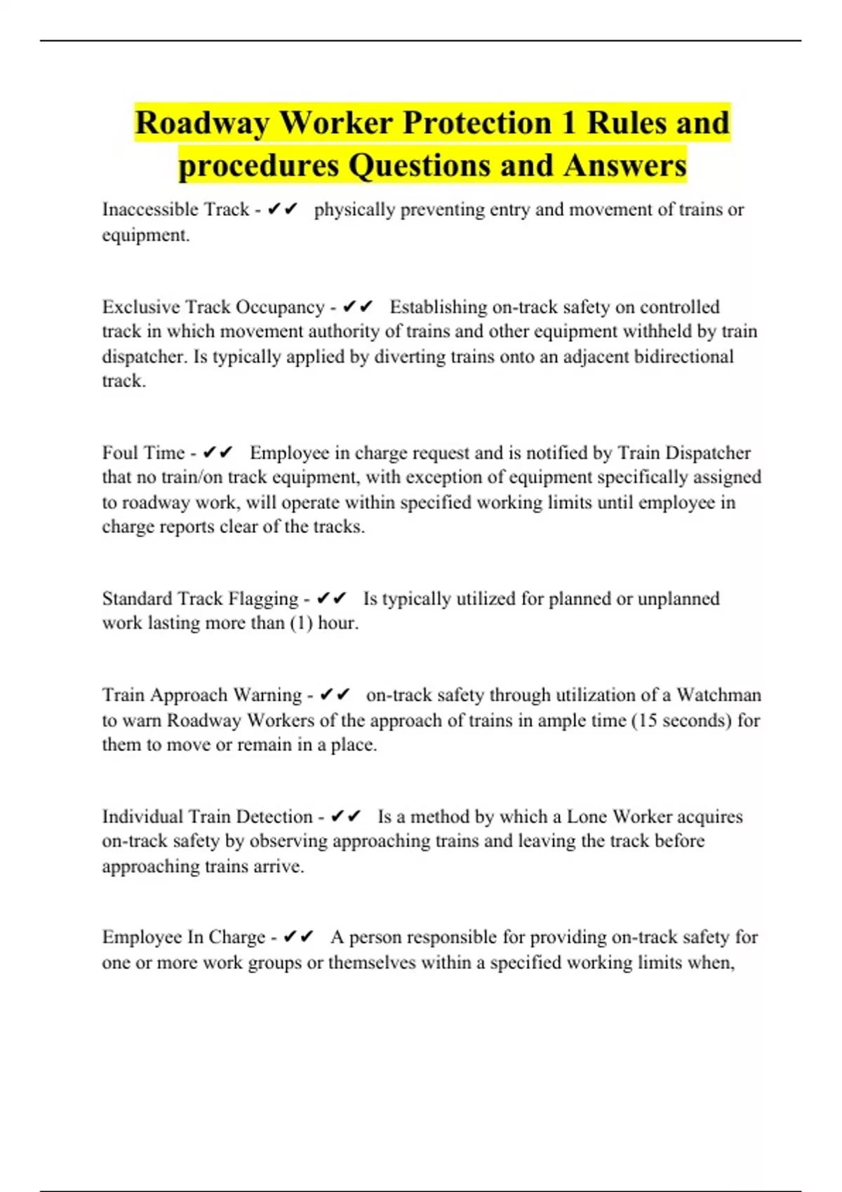 Roadway Worker Protection 1 Rules and procedures Questions and Answers ...