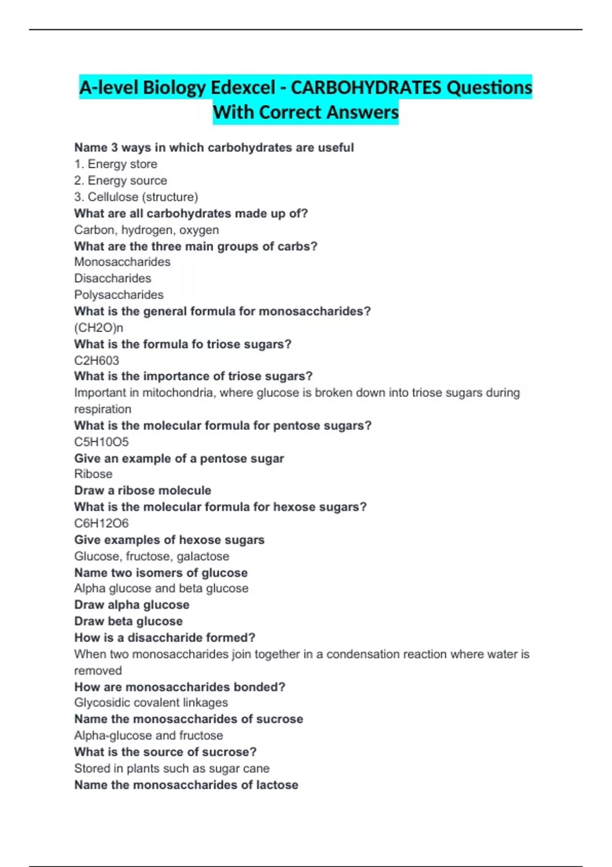 A-Level Biology Edexcel – Carbohydrates Questions with Correct Answers ...