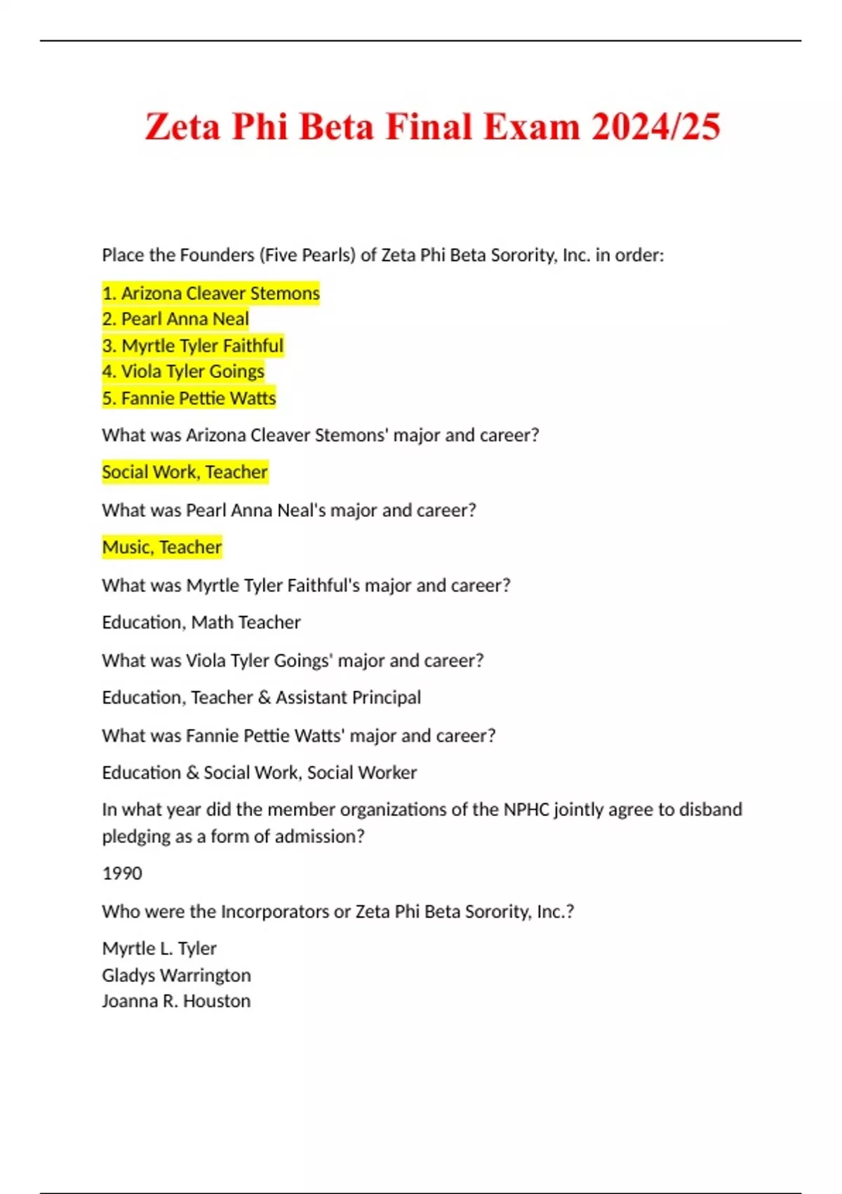 Zeta Phi Beta Final Exam (2023/ 2024 Update) Questions and Verified ...