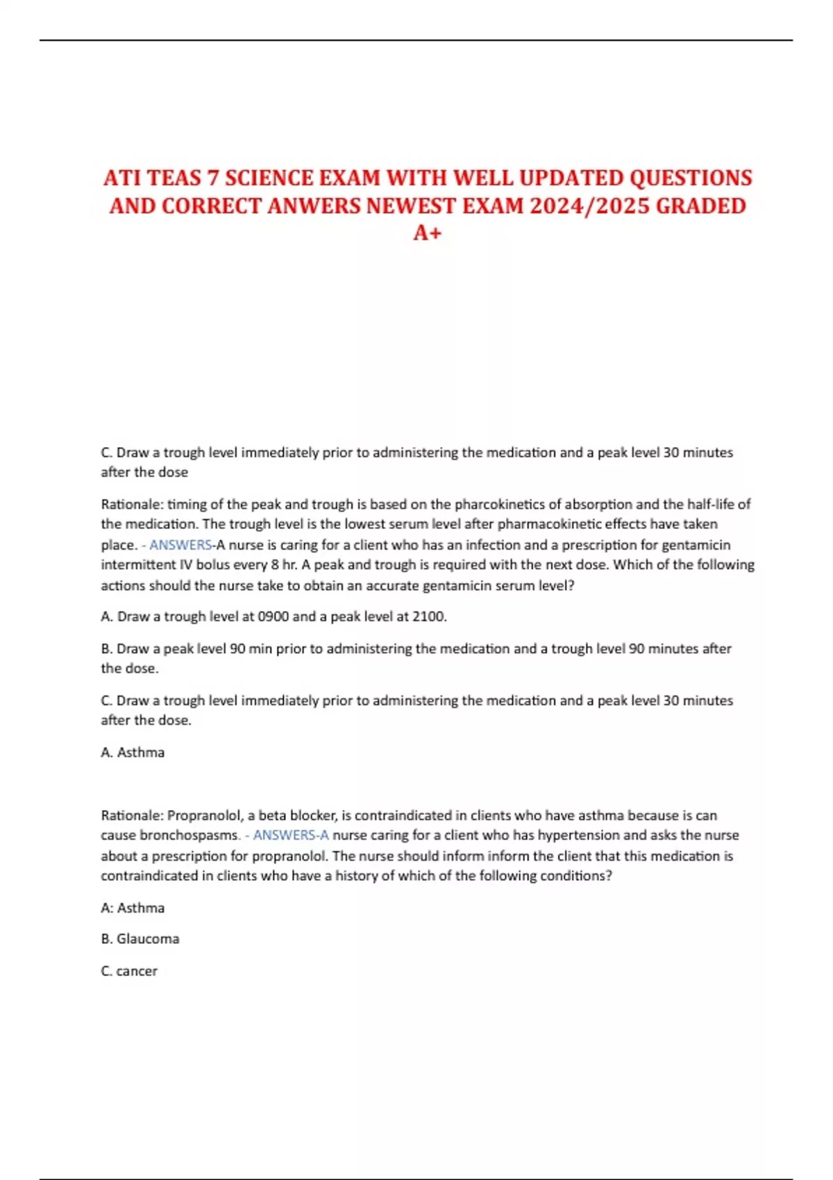 ATI TEAS 7 SCIENCE EXAM WITH WELL UPDATED QUESTIONS AND CORRECT ANWERS ...