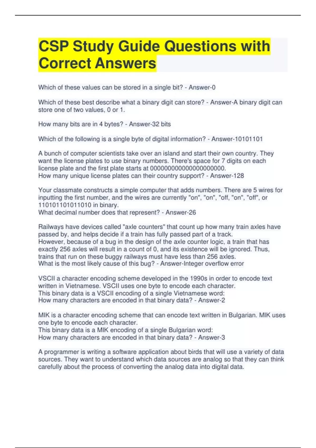 CSP Study Guide Questions with Correct Answers - CSP - Stuvia US