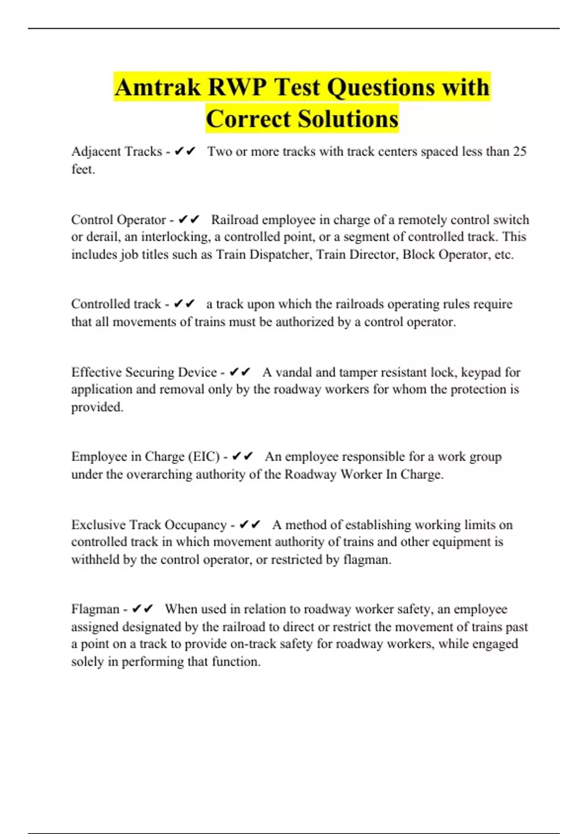 Amtrak RWP Test Questions with Correct Solutions - Amtrak RWP - Stuvia US