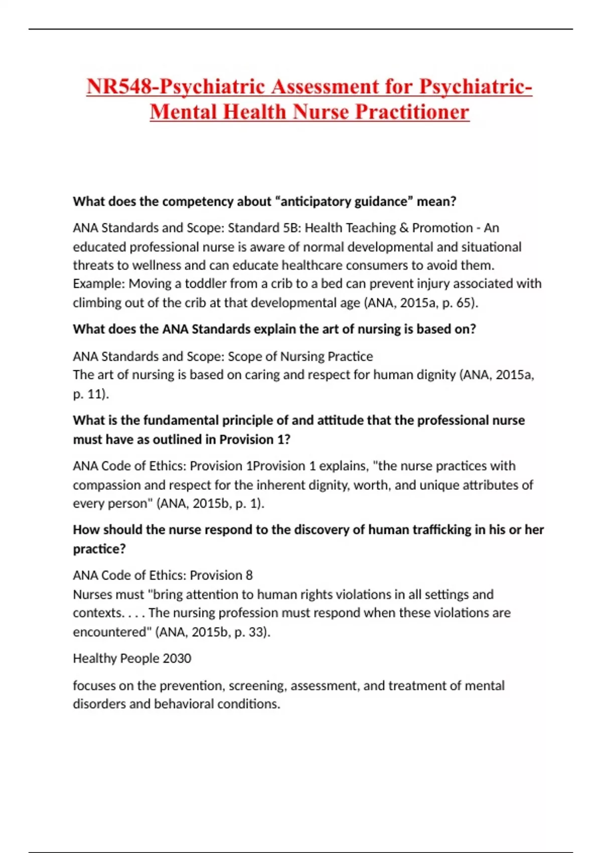 NR548/ NR 548 (Latest Update 2024/ 2025) Psychiatric Assessment for the ...