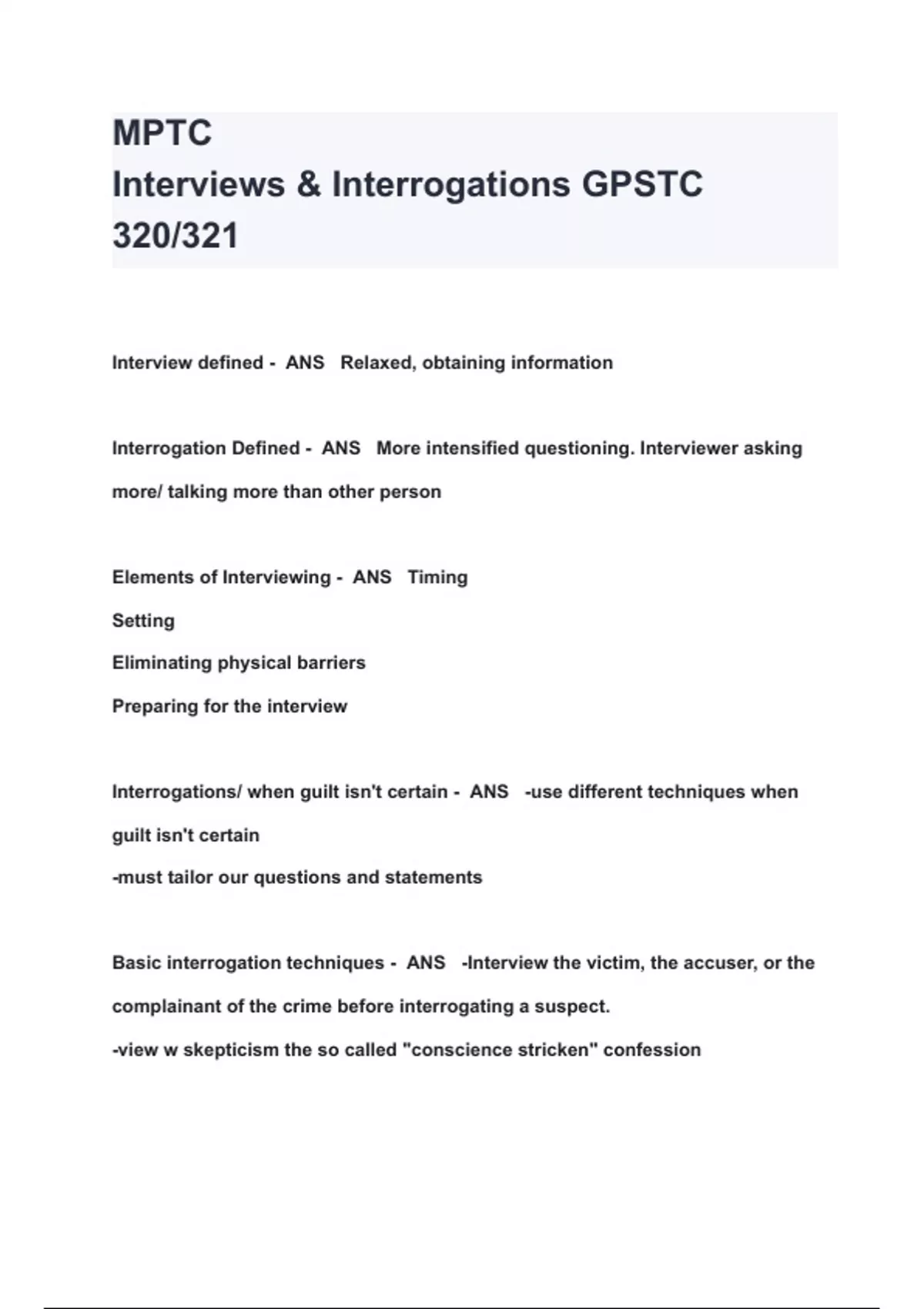 MPTC Interviews & Interrogations GPSTC 320/321 QUESTIONS & ANSWERS 2024 ...