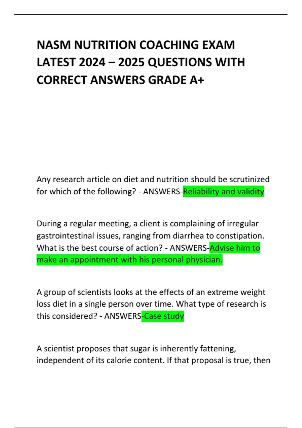 NASM NUTRITION COACHING EXAM LATEST 2024 – 2025 QUESTIONS WITH CORRECT ...