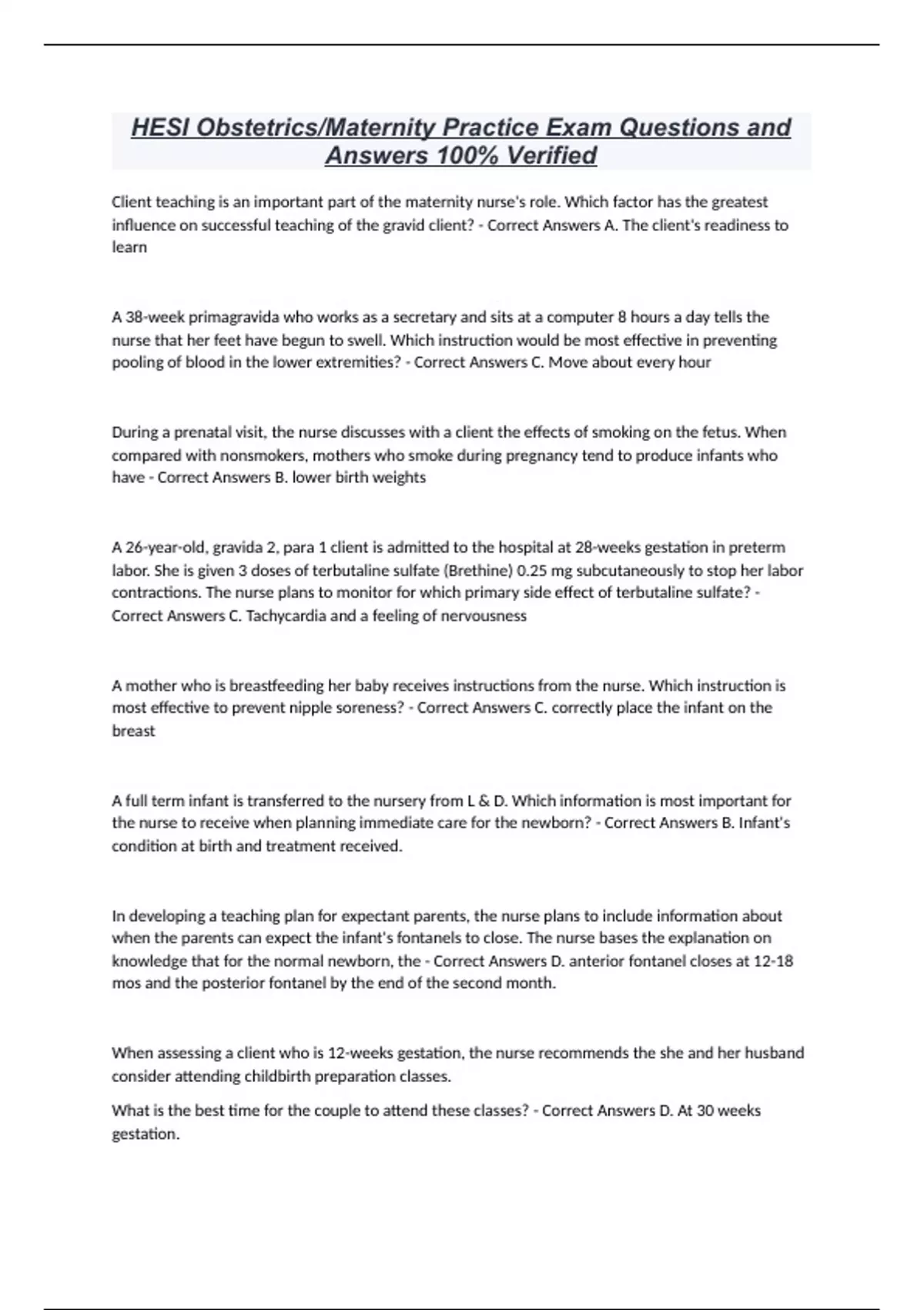 HESI Obstetrics/Maternity Practice Exam Questions and Answers 100% ...