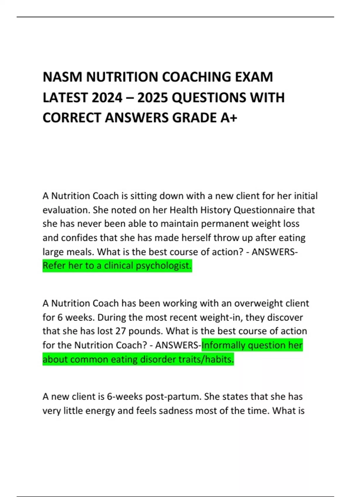 NASM NUTRITION COACHING EXAM LATEST 2024 – 2025 QUESTIONS WITH CORRECT ...