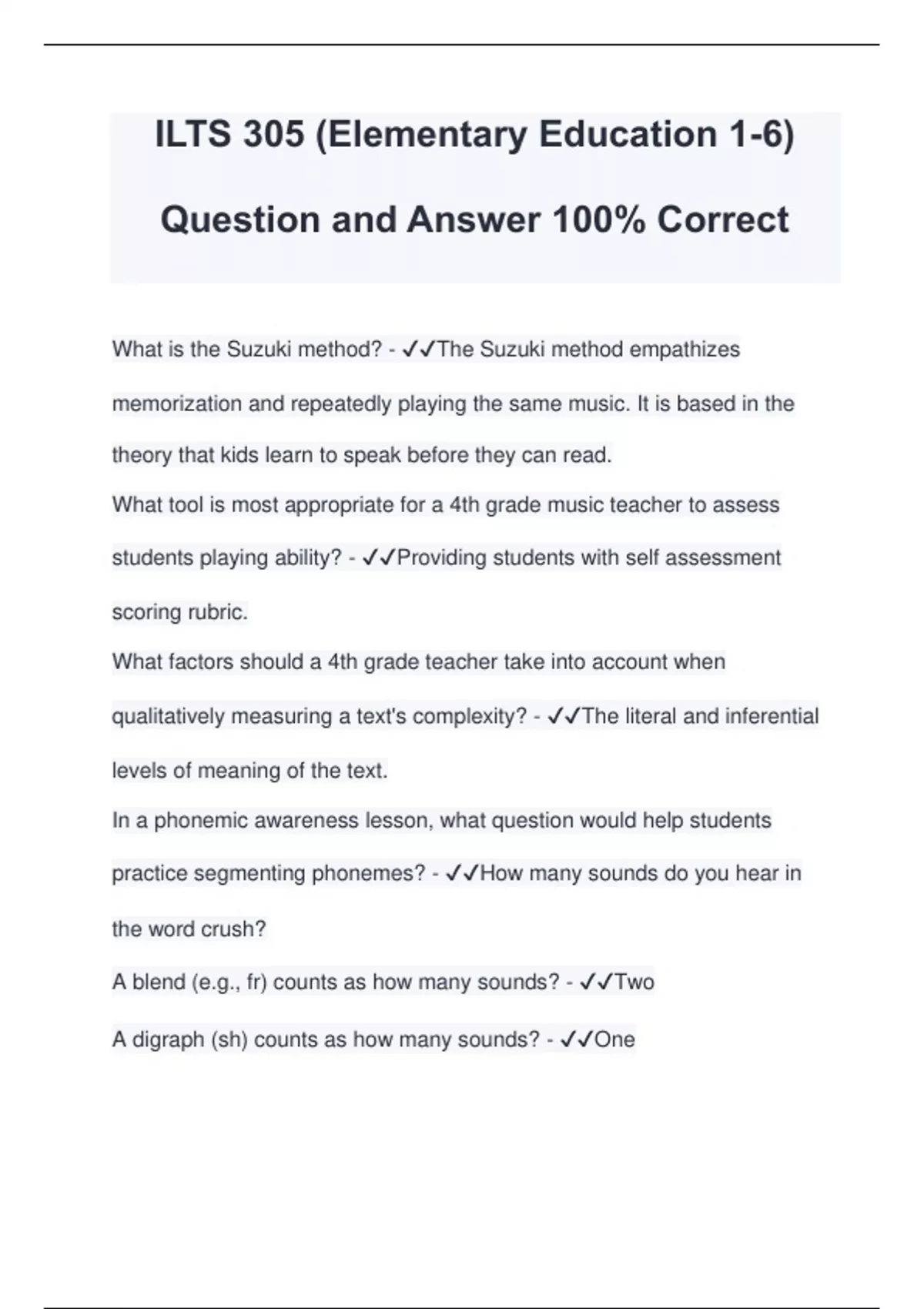 ILTS 305 (Elementary Education 1-6) Question and Answer 100% Correct ...