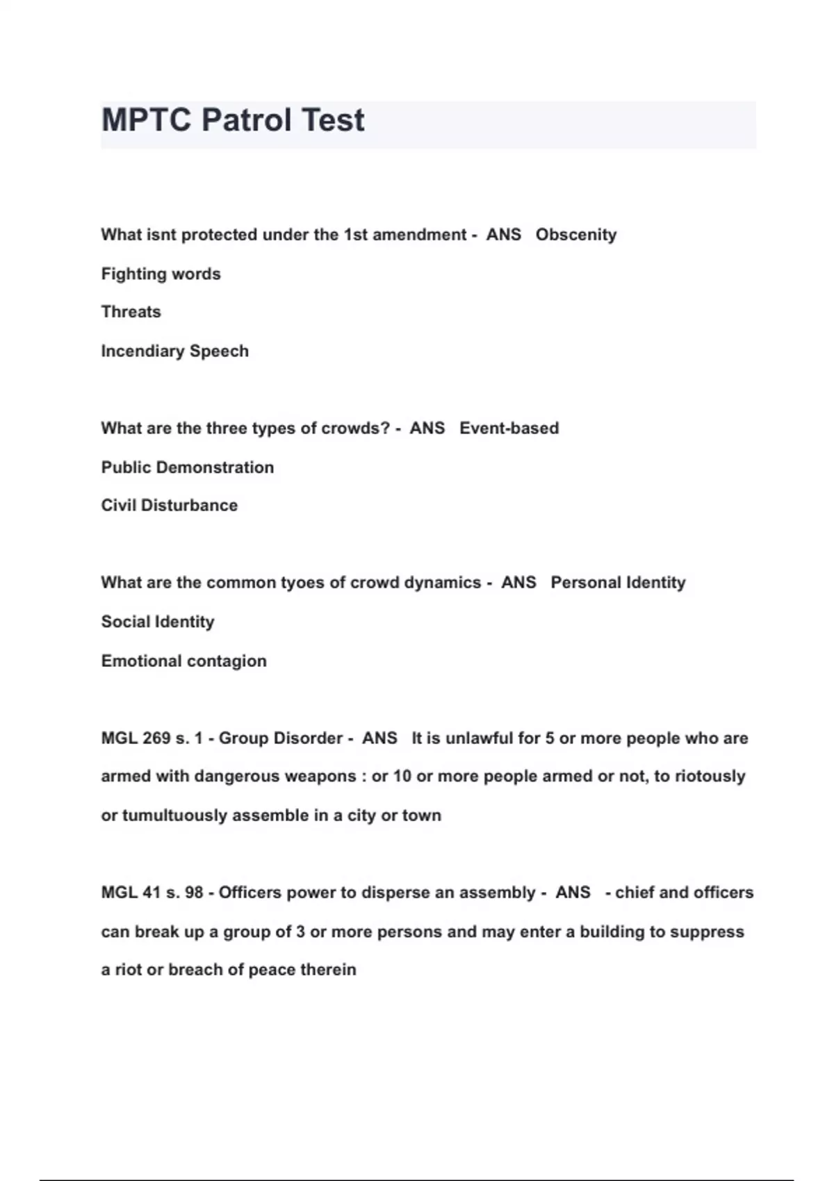 MPTC Patrol Test QUESTIONS & ANSWERS 2024 ( A+ GRADED 100% VERIFIED ...