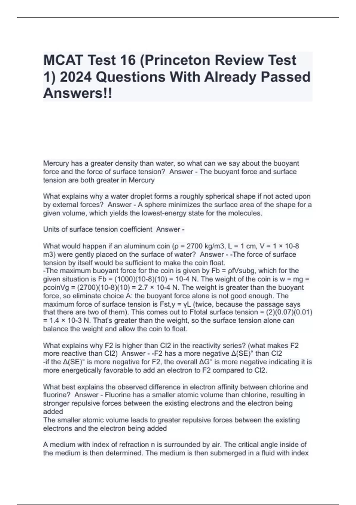 MCAT Test 16 (Princeton Review Test 1) 2024 Questions With Already ...