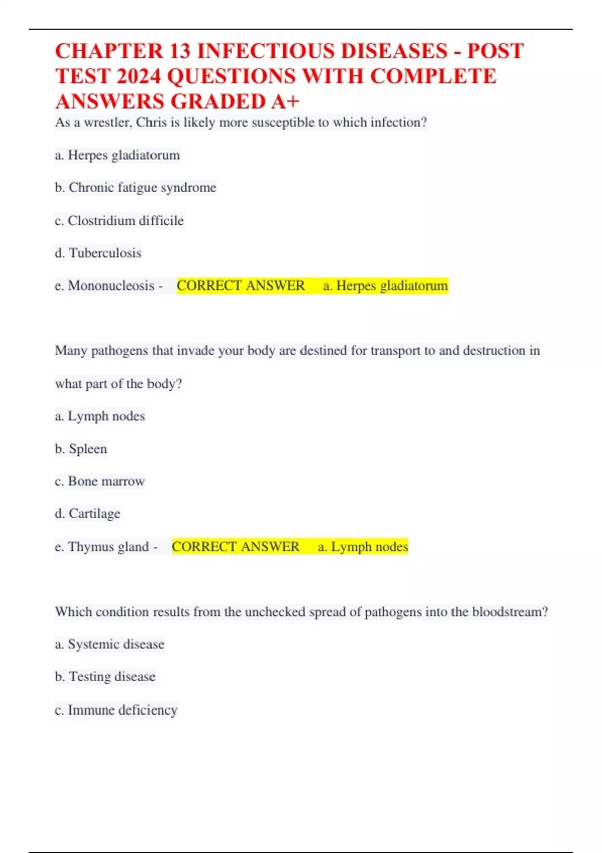 CHAPTER 13 INFECTIOUS DISEASES - POST TEST 2024 QUESTIONS WITH COMPLETE ...