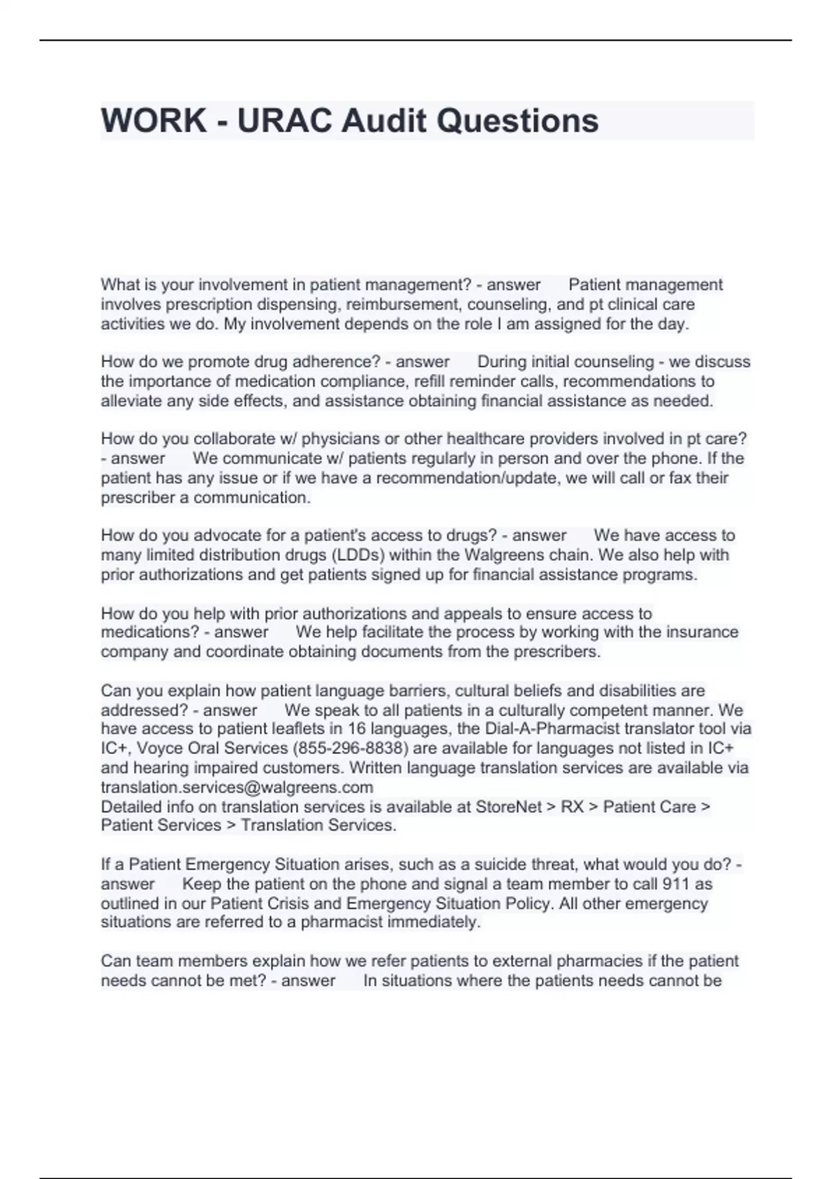 WORK - URAC Audit Questions and Answers 2024 - URAC - Stuvia US