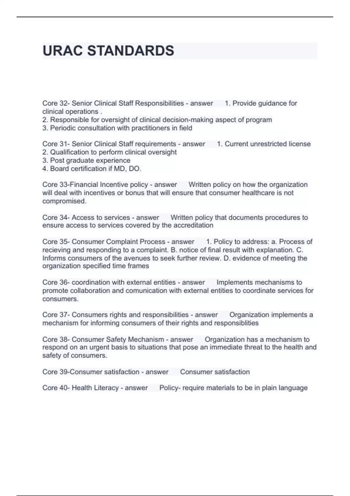 URAC STANDARDS QUESTIONS WITH SOLUTIONS 2024 - URAC - Stuvia US