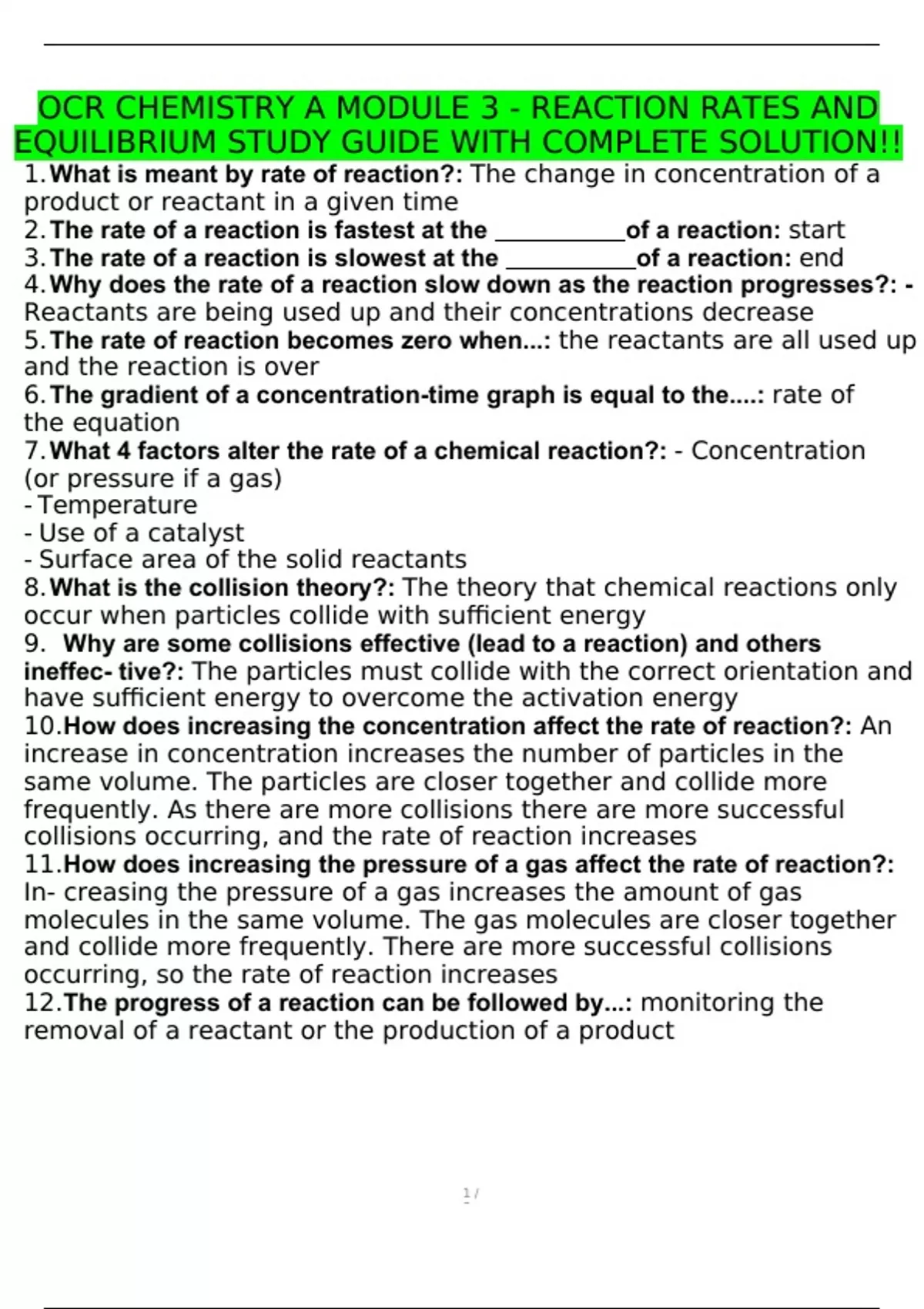 OCR CHEMISTRY A MODULE 3 - REACTION RATES AND EQUILIBRIUM STUDY GUIDE ...