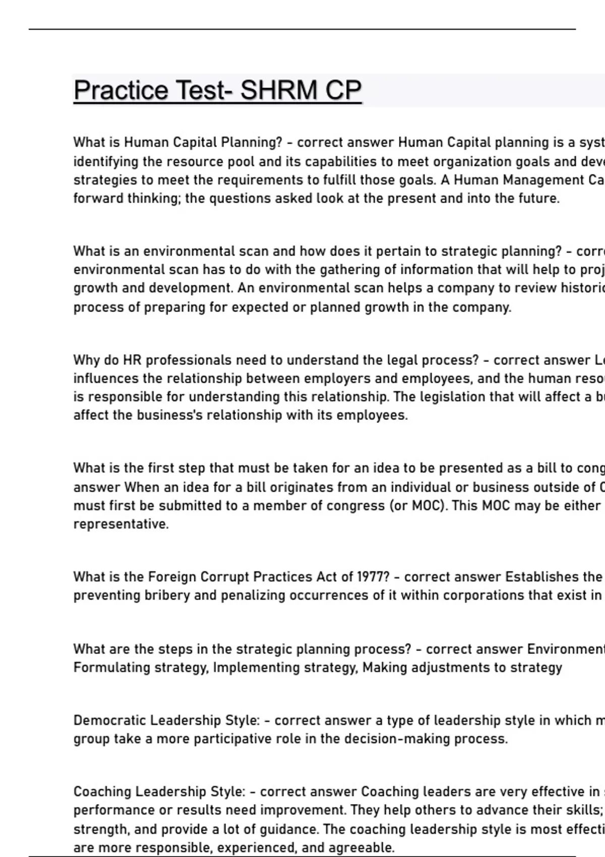 Practice Test- SHRM CP Questions and answers latest update - SHRM CP ...