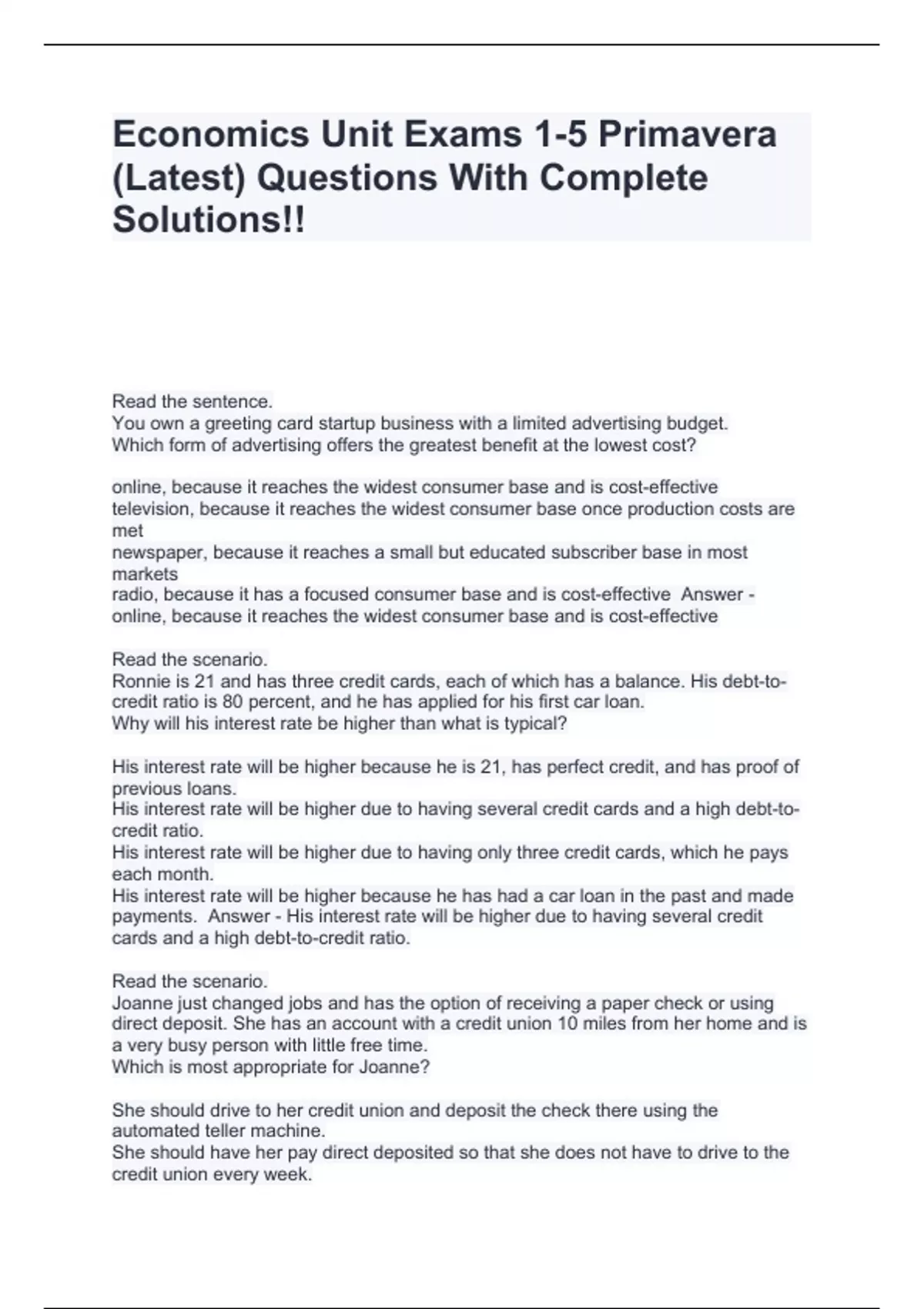 Economics Unit Exams 1-5 Primavera (Latest) Questions With Complete ...