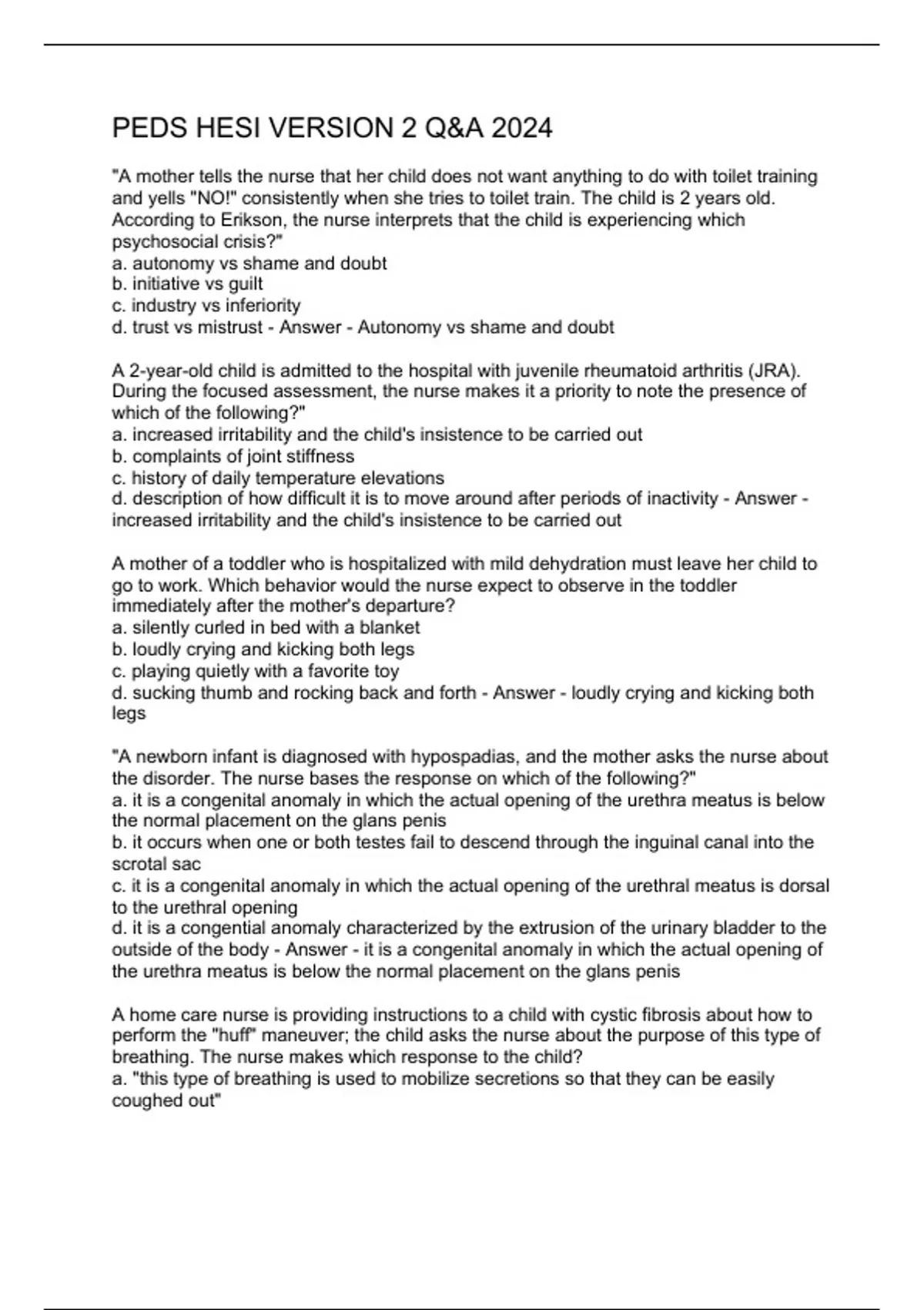 PEDS HESI VERSION 2 Q&A 2024 - PEDS HESI - Stuvia US