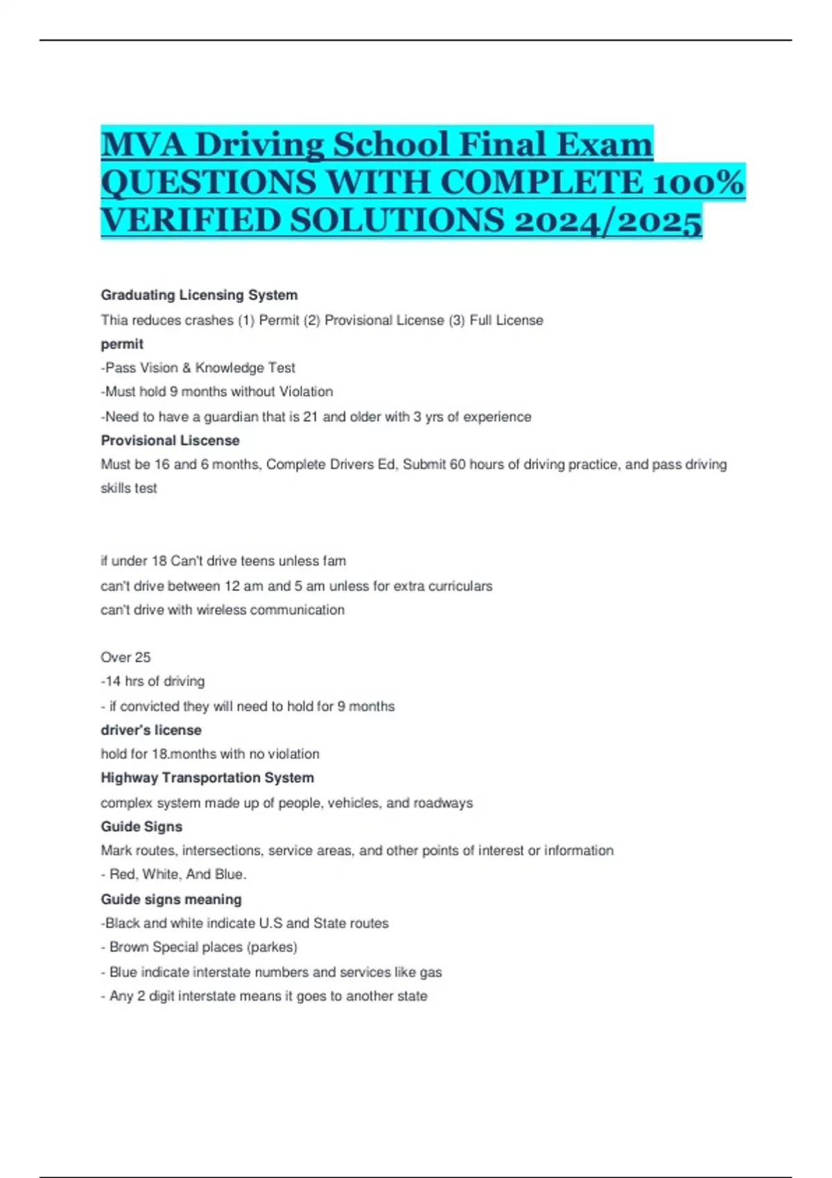 MVA Driving School Final Exam QUESTIONS WITH COMPLETE 100% VERIFIED ...