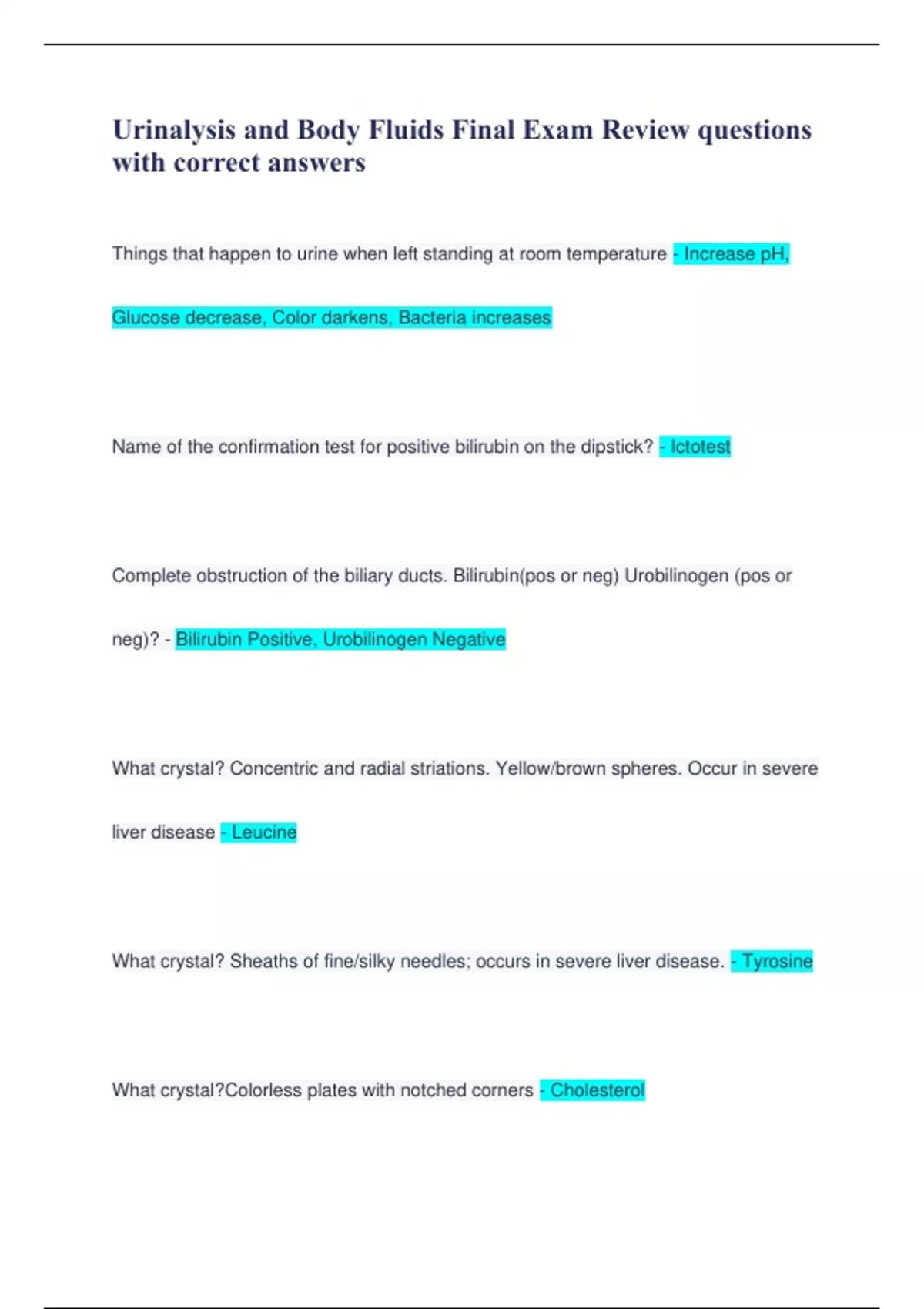 Urinalysis and Body Fluids Final Exam Review questions with correct ...
