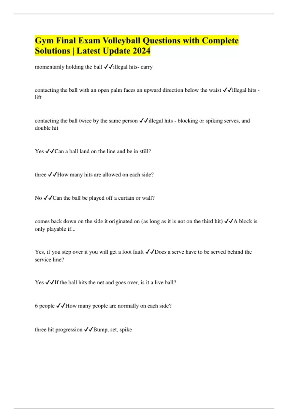 Gym Final Exam Volleyball Questions with Complete Solutions | Latest ...