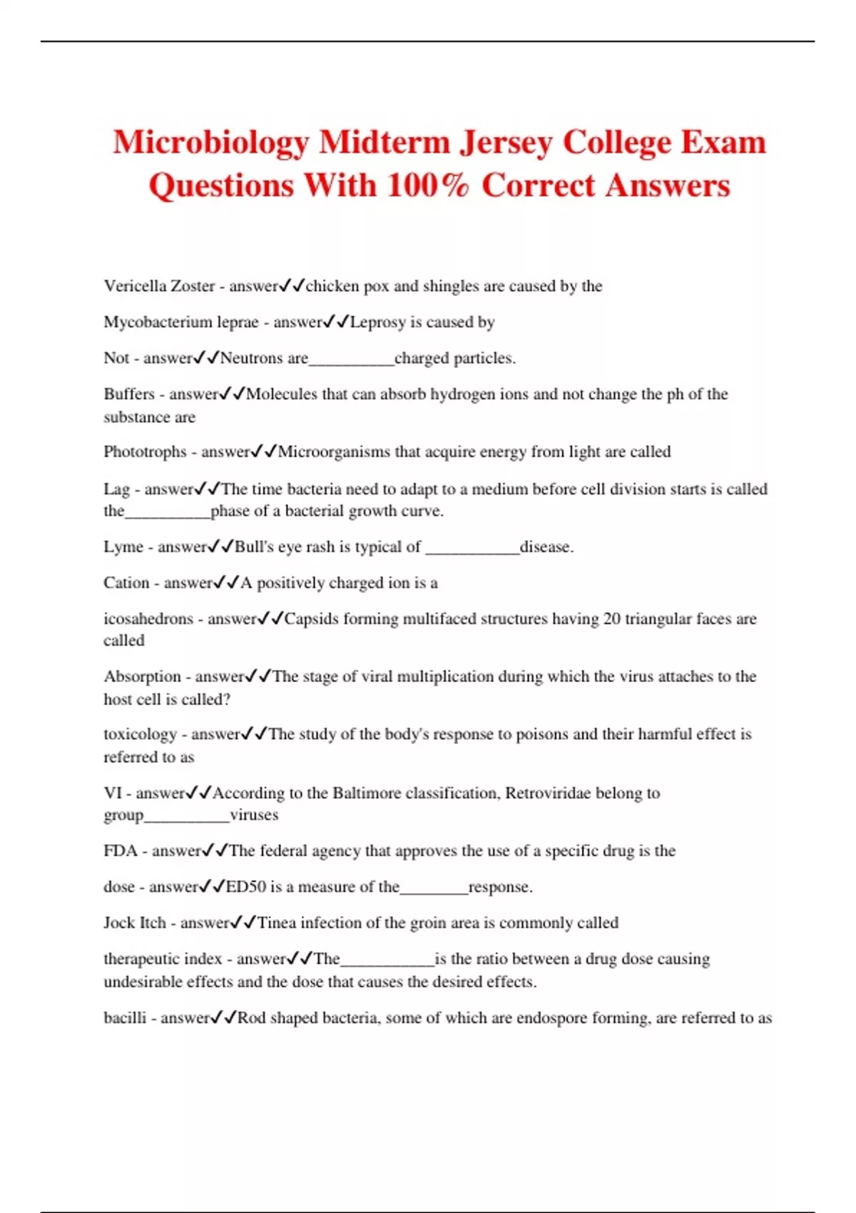 Microbiology Midterm Jersey College Exam Questions With 100% Correct ...