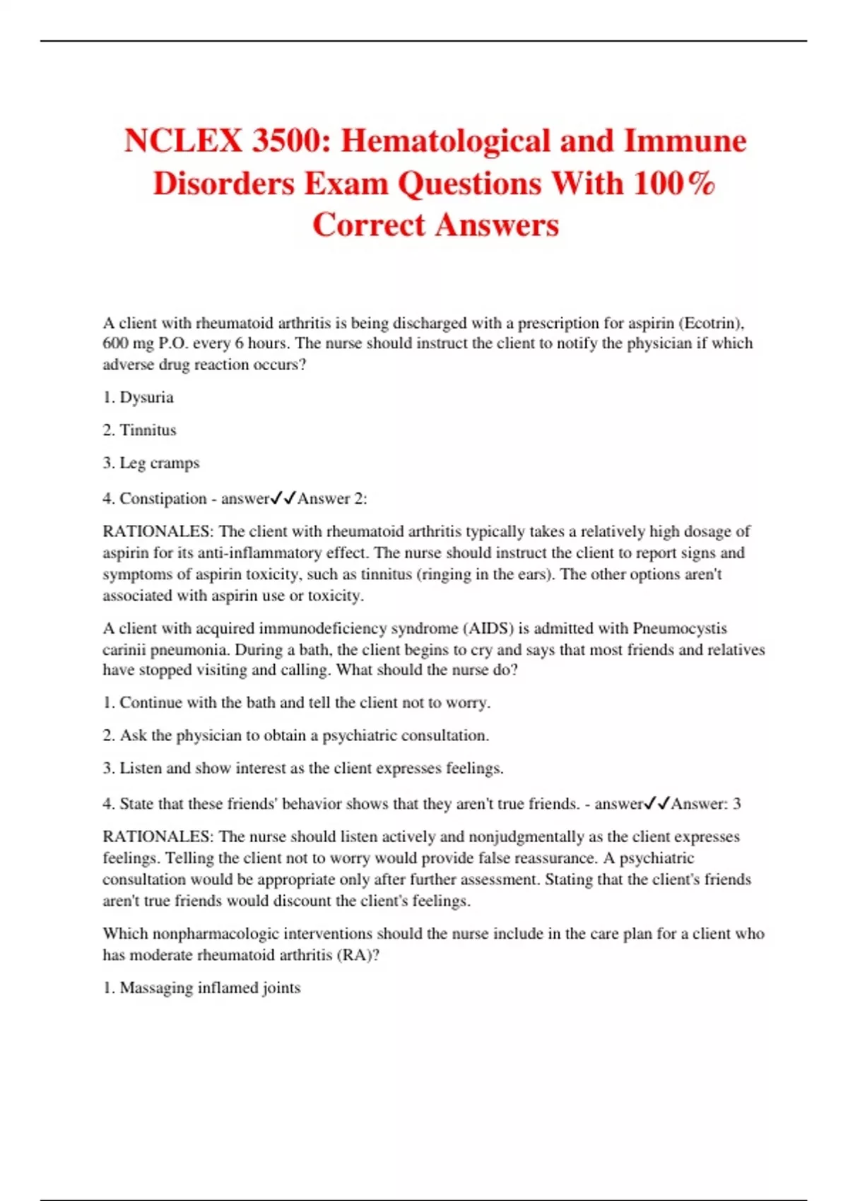 NCLEX 3500: Hematological and Immune Disorders Exam Questions With 100% ...