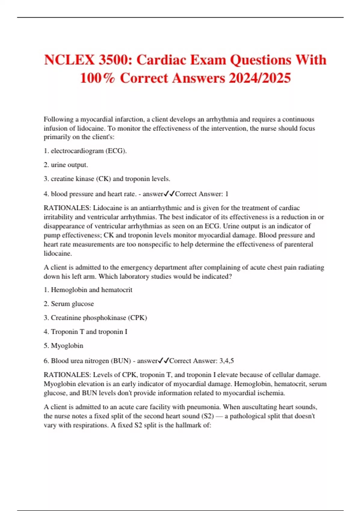 NCLEX 3500: Cardiac Exam Questions With 100% Correct Answers 2024/2025 ...