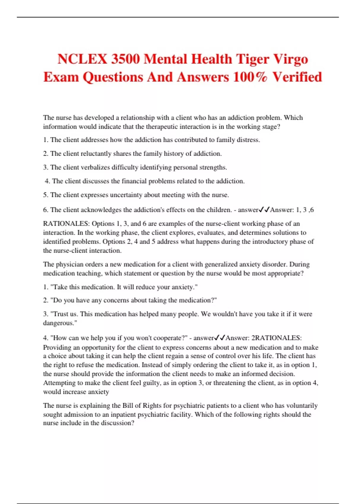 NCLEX 3500 Mental Health Tiger Virgo Exam Questions And Answers 100% ...